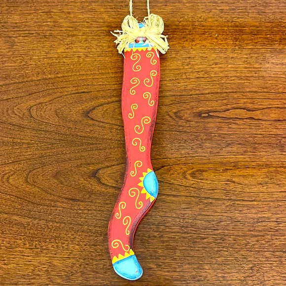 Holiday | Painted Wood Stocking Ornament With Straw Bow And Rope Hanger ...